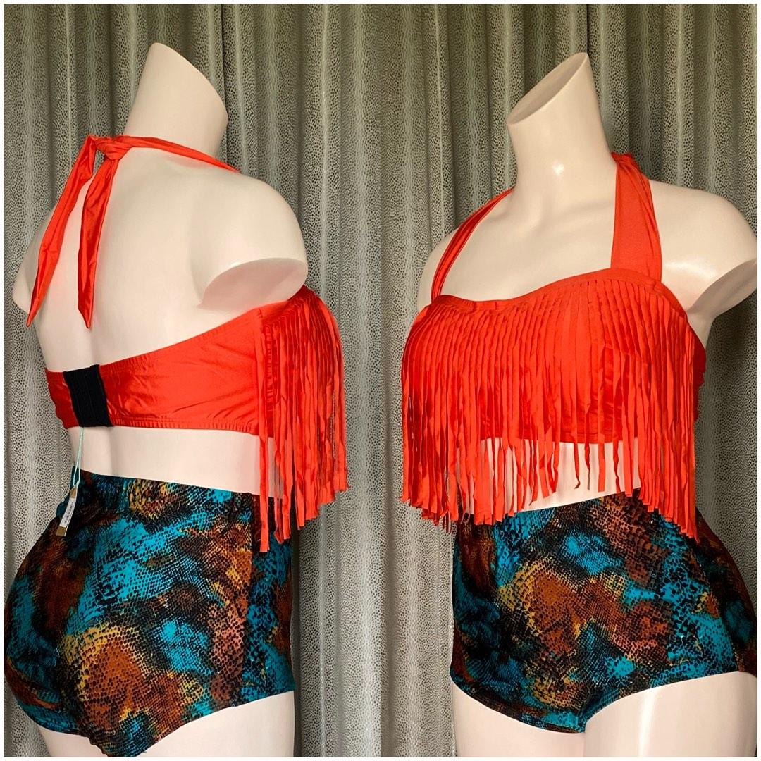 PLUS SIZE Orange Fringe Bikini Top Swimsuit Non Padded, Women's Fashion ...