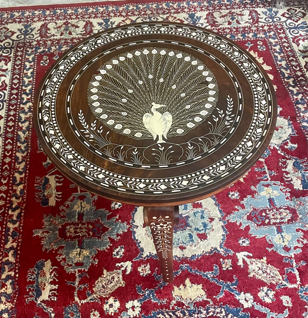 1970's Rosewood Peacock Bone Inlay Round Coffee Table Elephant Shaped 3 ...