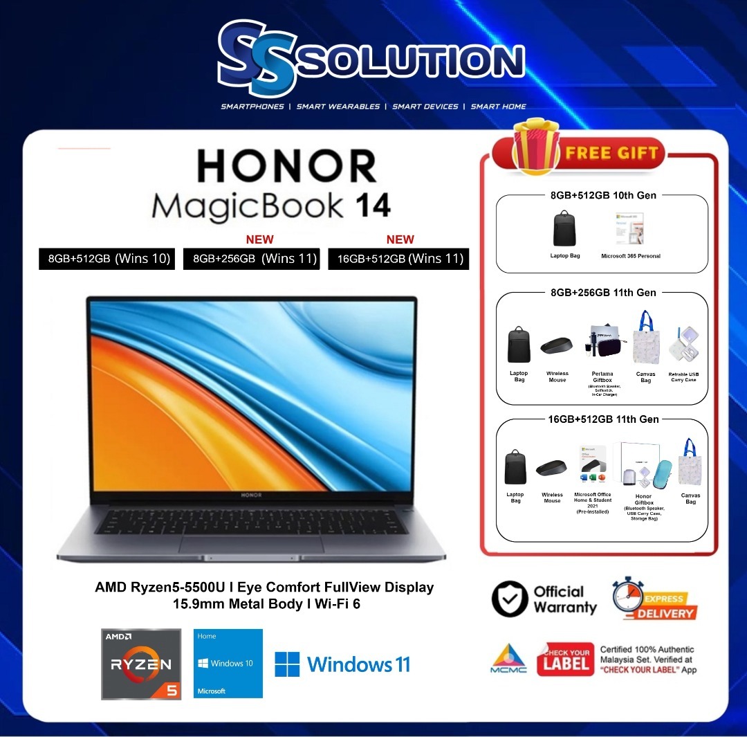 HONOR MagicBook 14 ( 8GB+256GB | R5-5500U | Win11 ) | (16GB+512GB | R5 ...