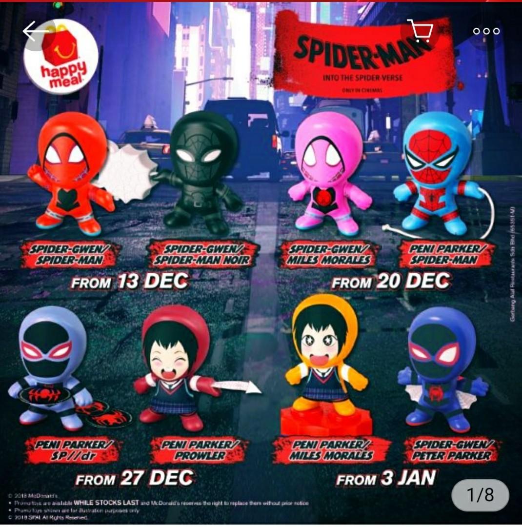 Spiderman into the Spiderverse McDonald's happy meal toys, Hobbies & Toys, Toys & Games on Carousell