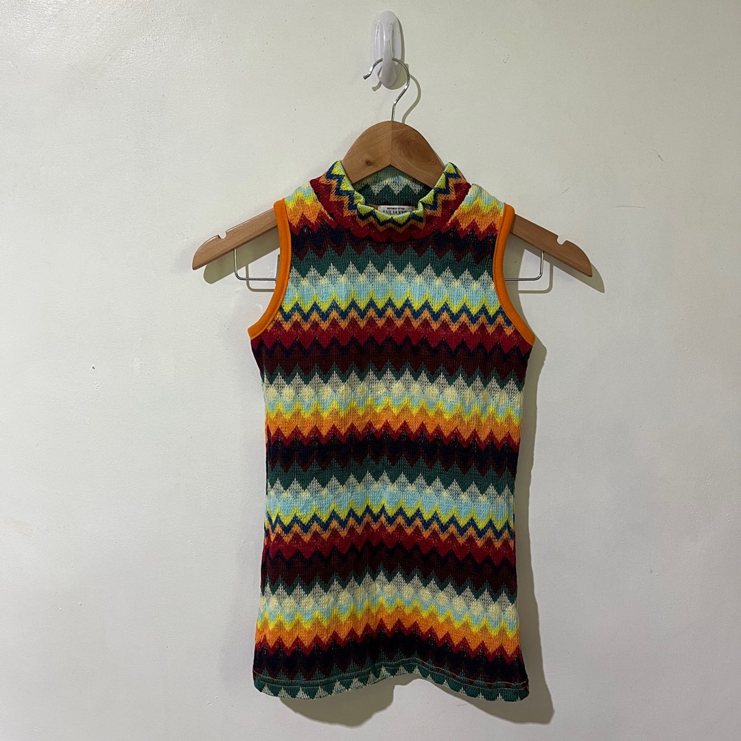 Vintage 70s Multicolor Crochet Knit Ribbed Top, Women's Fashion, Tops ...