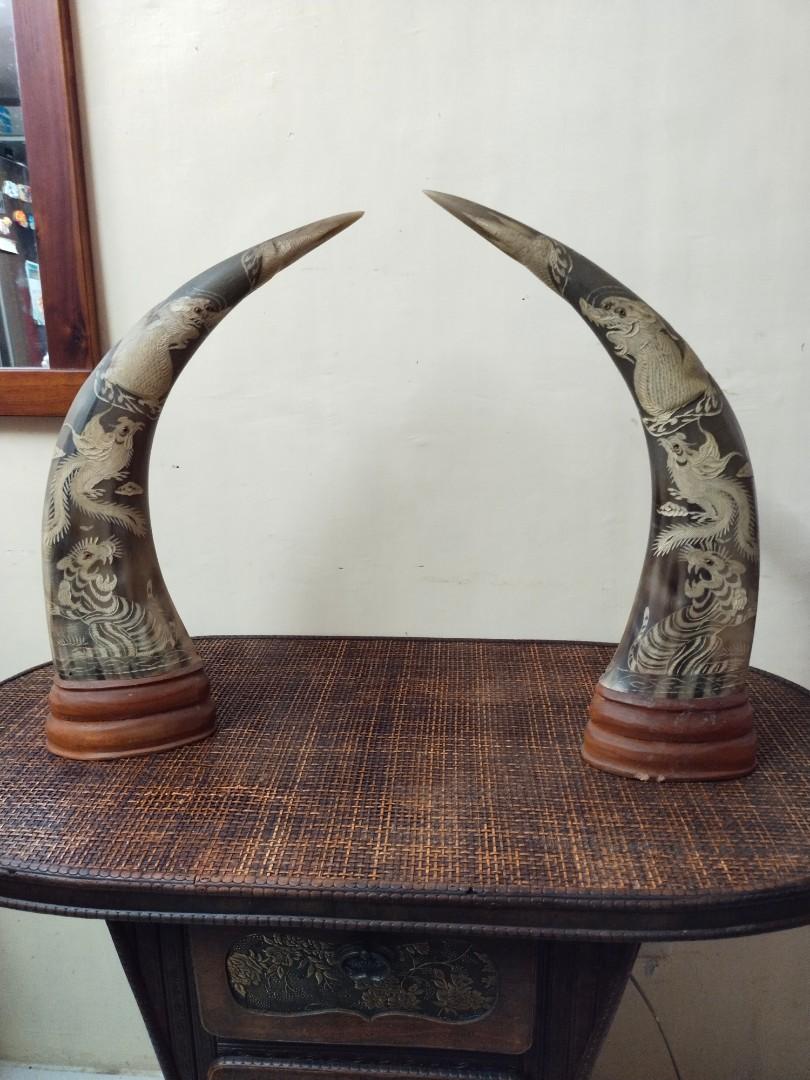 Vintage Hand Carved Water Buffalo Horn of a Dragon and Phoenix on a ...