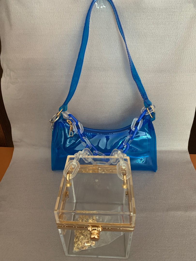 Acrylic box bag plus blue plastic clutch, Women's Fashion, Bags ...
