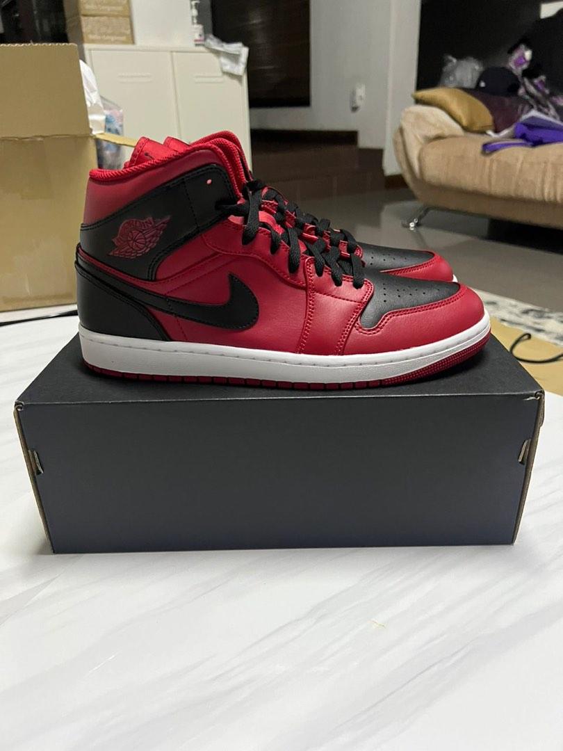 Air Jordan 1 Mid Black Red Mens Shoes - Original, Men's Fashion ...