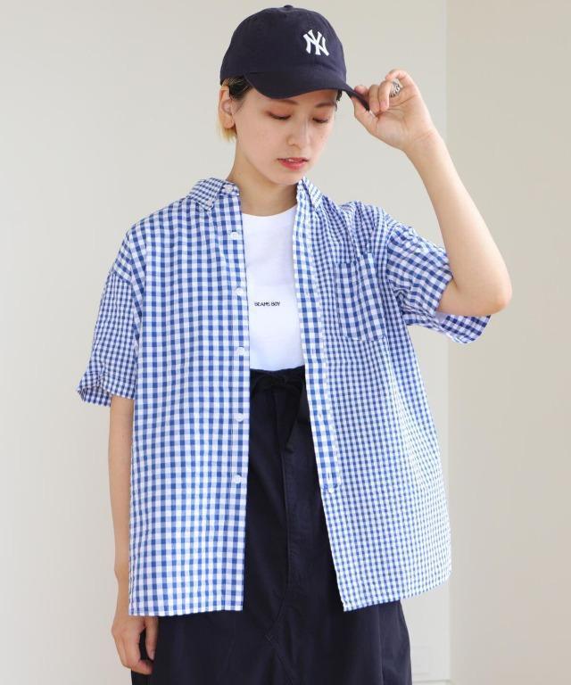 Beams boy 藍色 泡泡紗 格紋 襯衫 短袖 上衣, 她的時尚, 上衣, T恤在旋轉拍賣