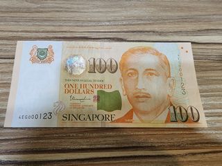 Fancy low Serial number & fancy ladder 123 $100 Singapore currency ...