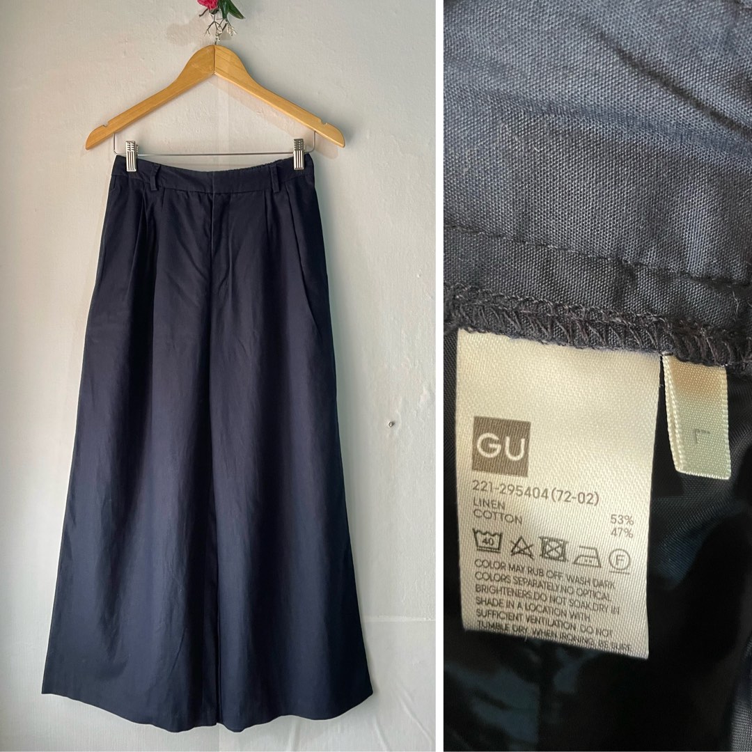 Gu Navy Blue hw linen drape wl pants, Women's Fashion, Bottoms, Other Bottoms on Carousell