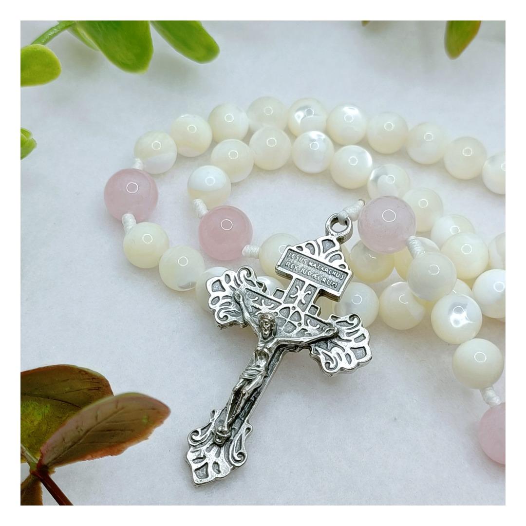 Our Lady of Miraculous Rosary, MOP White Pearls, Madagascar Rose Quartz ...