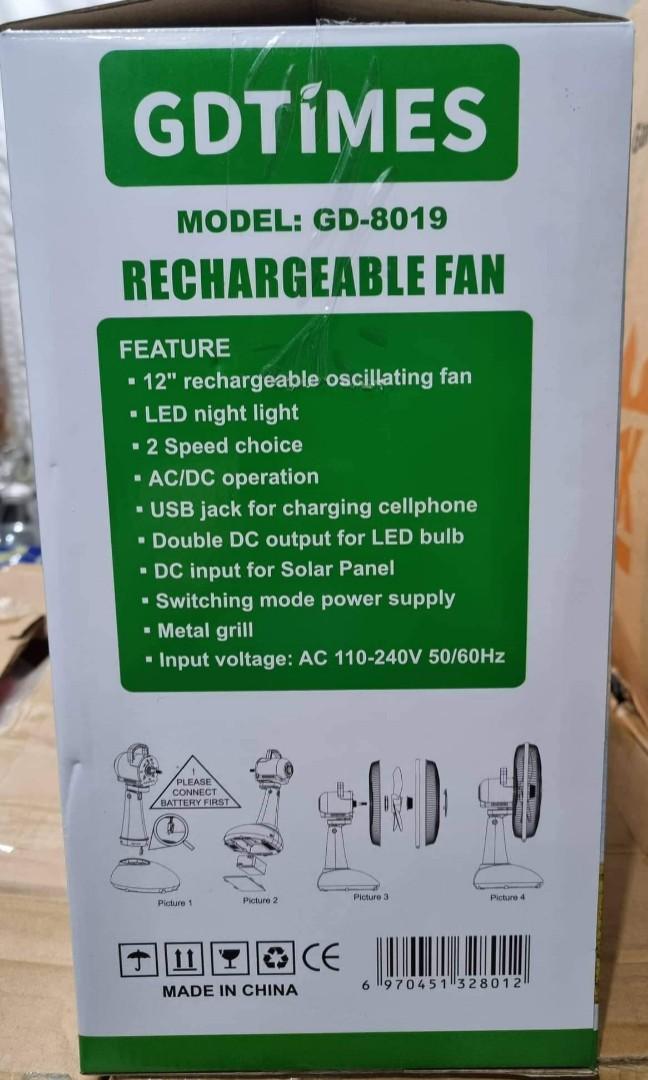 RECHARGEABLE FAN (GD TIMES), Furniture & Home Living, Lighting & Fans ...