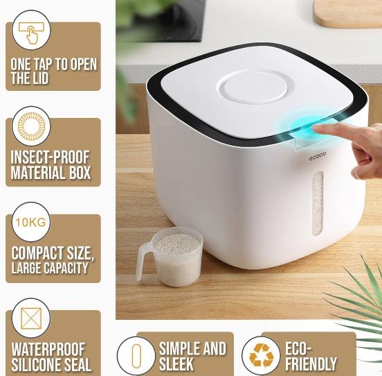 ECOCO RICE CONTAINER SEALED BUCKET 5KG 10KG DISPENSER BOX KITCHEN FOOD ...