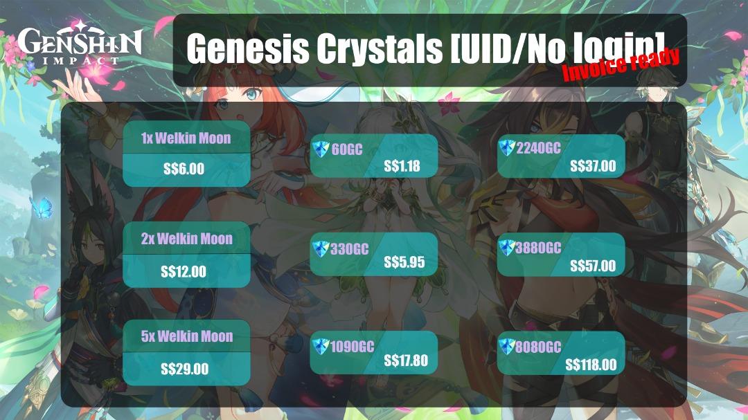 [GENSHIN] | Genshin Impact Genesis Crystals UID top-Up | Welkin Moon | Comes with invoice ...