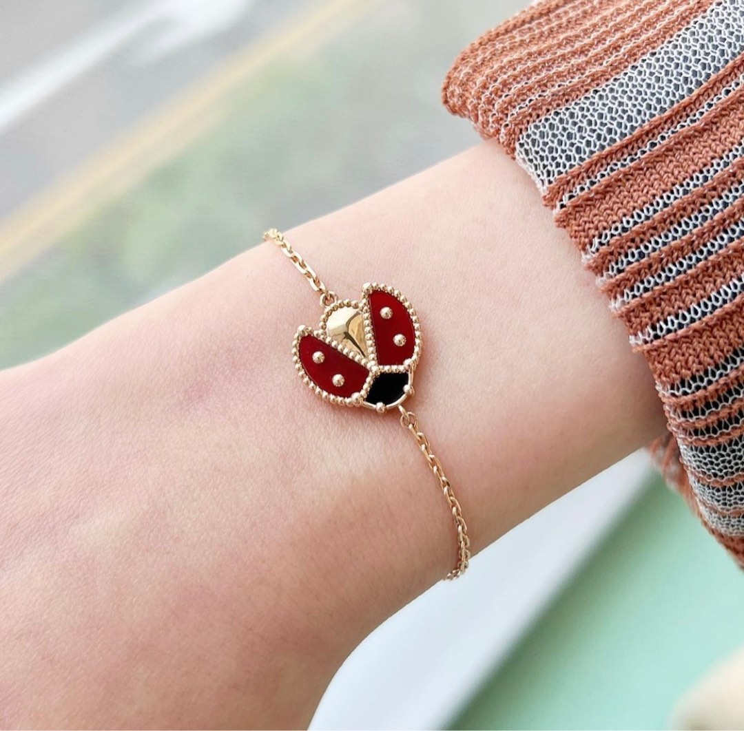 NEW VCA Lucky Spring Bracelet Open Wings LadyBug Rose Gold Carnelian ...