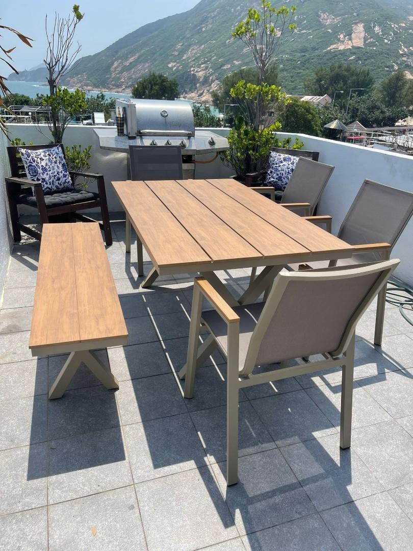 Outdoor 6 Pieces Platinum Poly Wood Dining Table with Bench Set, 傢俬＆家居 ...