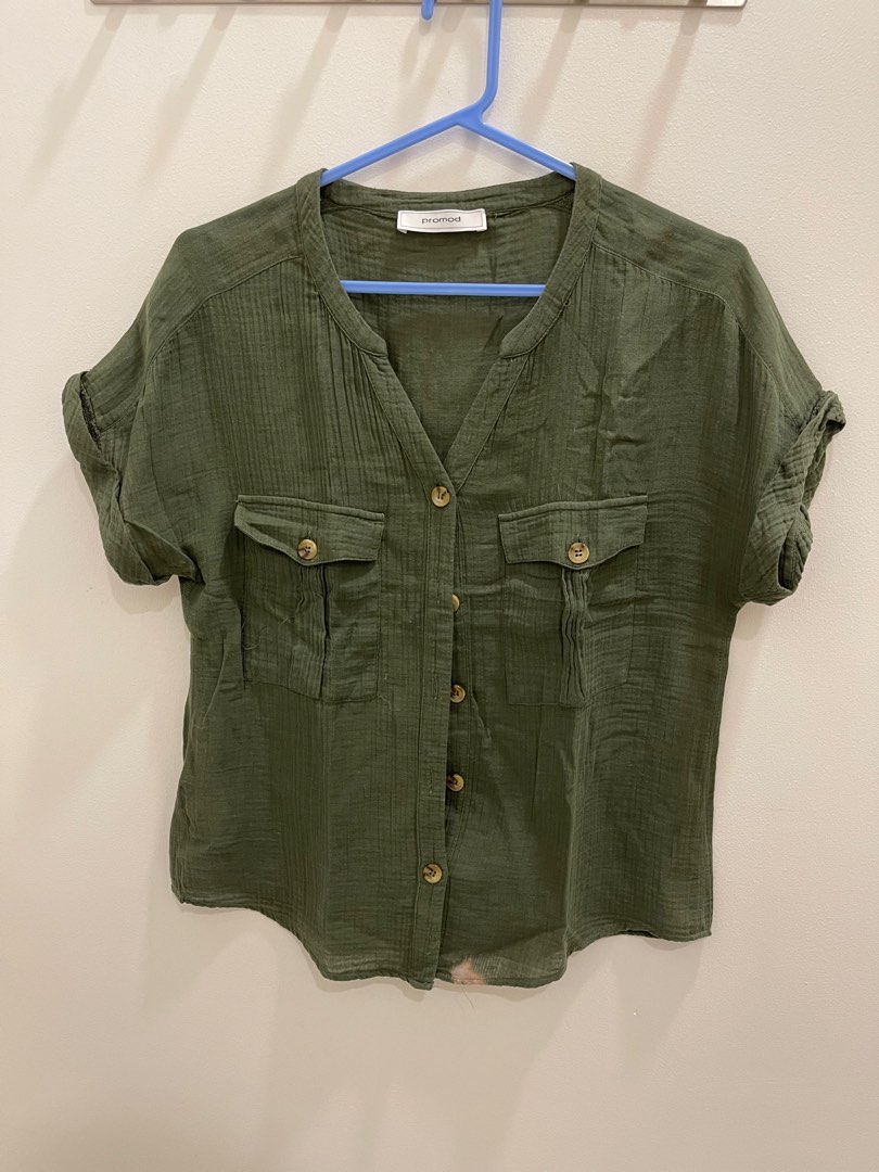 Promod type Army green top with stain, Women's Fashion, Tops, Blouses ...