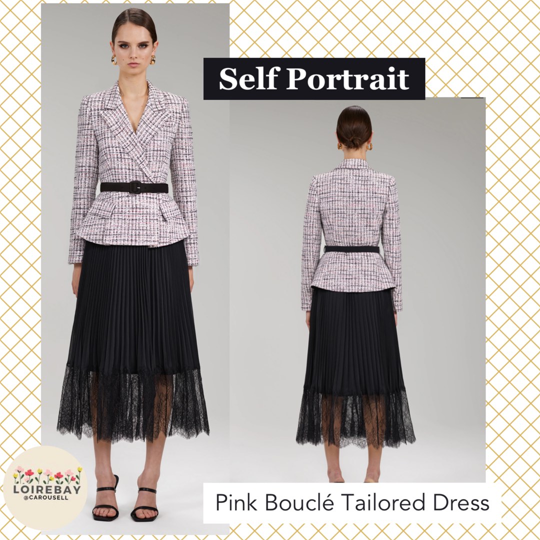 Self Portrait Pink Boucle Tailored Midi Lace Blazer Dress, Women's ...