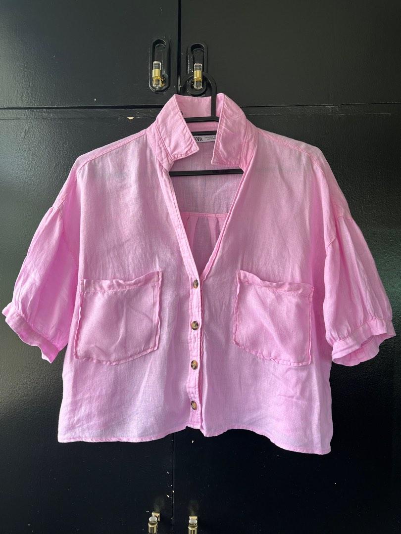 Zara Pink Linen Blouse, Women's Fashion, Tops, Blouses on Carousell