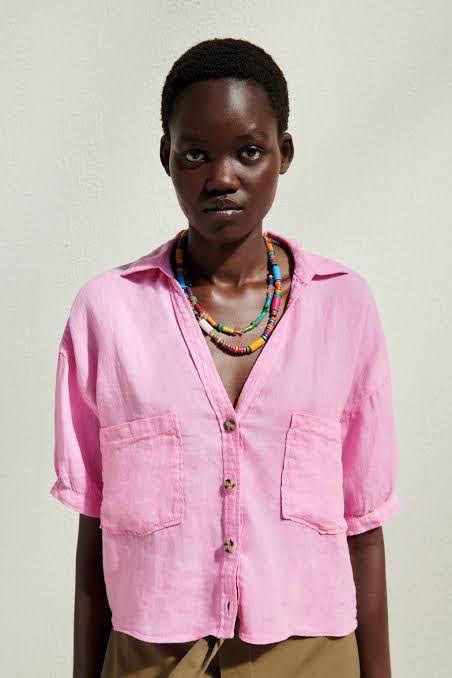 Zara Pink Linen Blouse, Women's Fashion, Tops, Blouses on Carousell