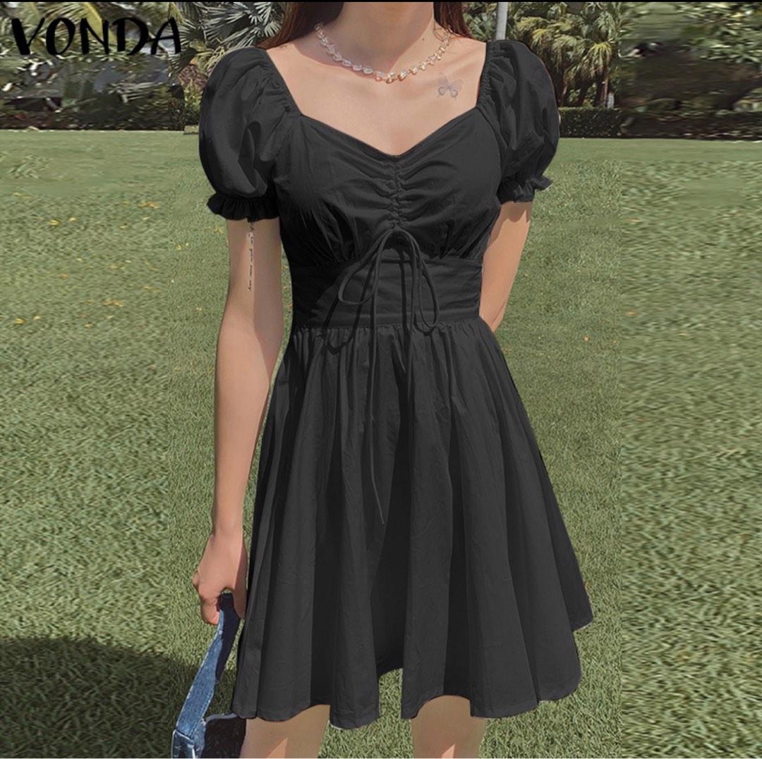 black ulzzang korean girl puffed short sleeve mini dress, Women's ...