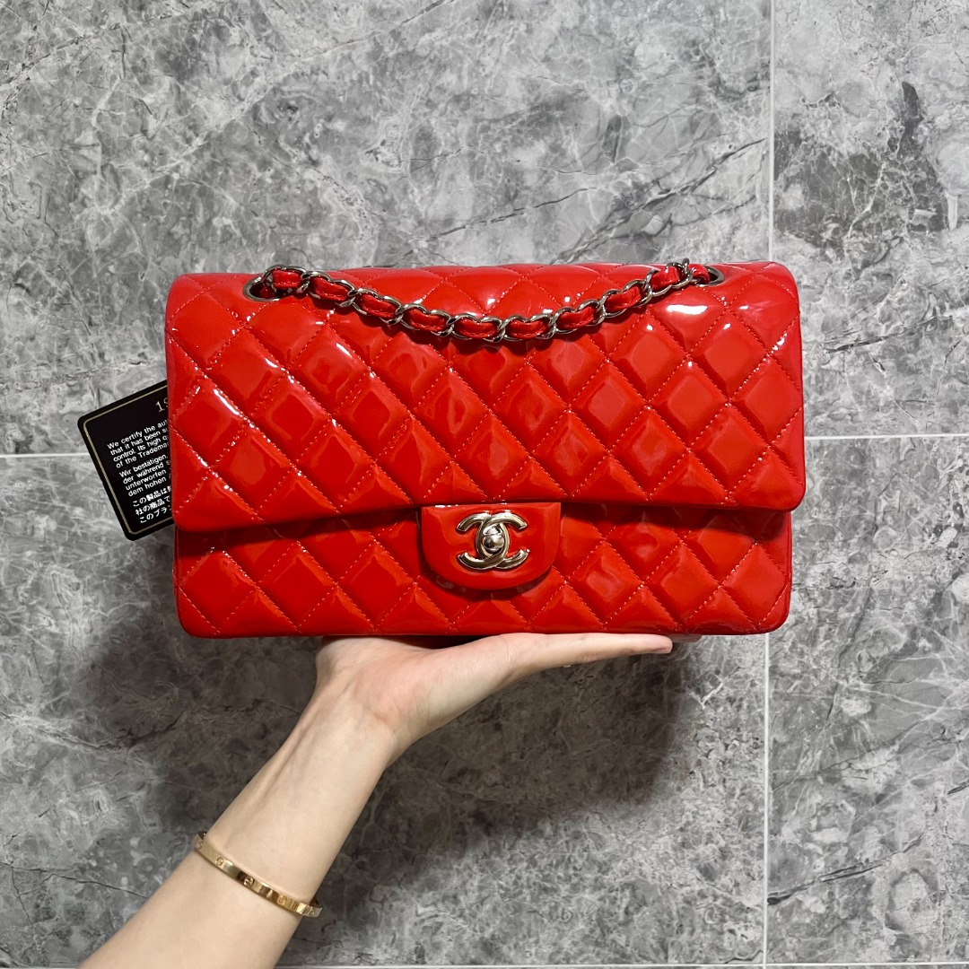 Chanel Medium Classic Flap Double Flap Red Patent Leather, Luxury, Bags ...