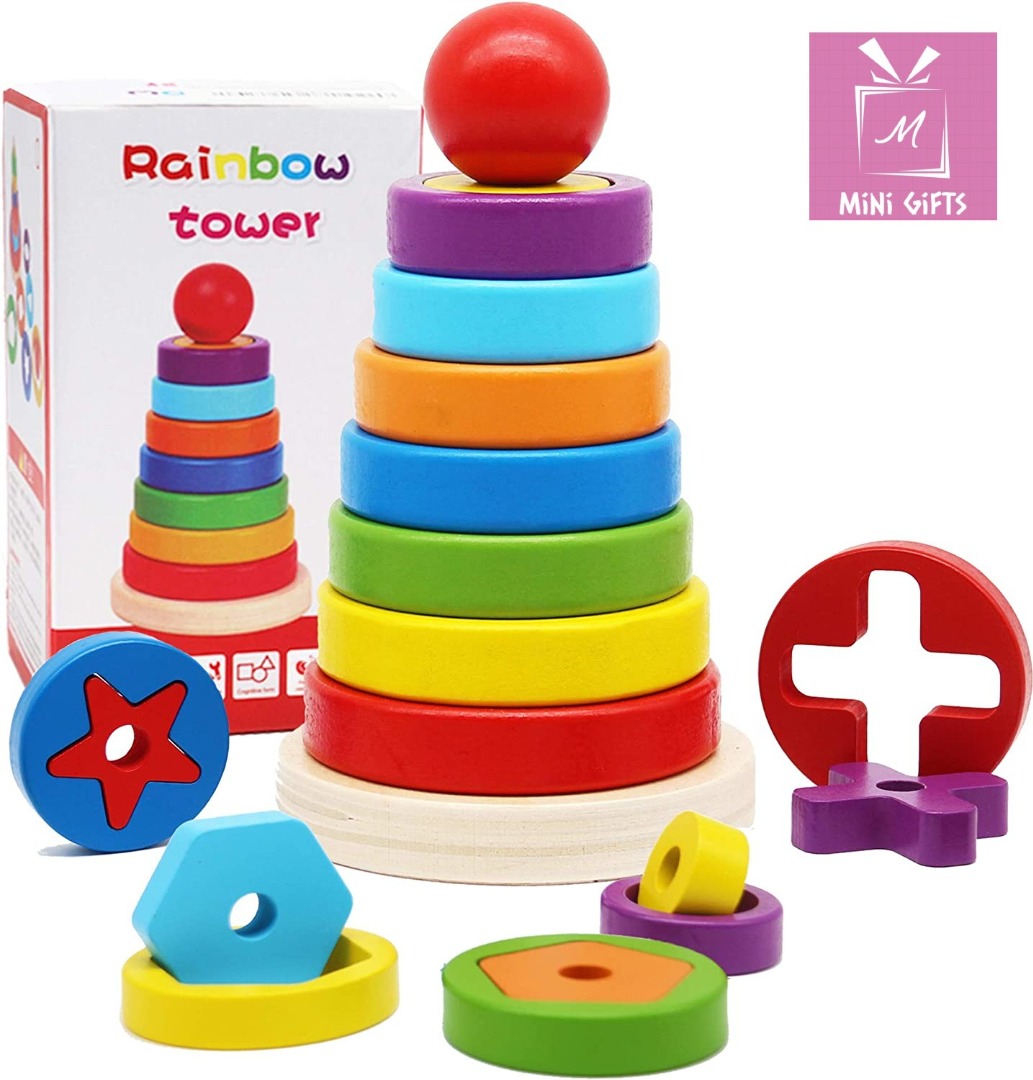 Montessori Wooden Rainbow Tower Sorting Stacking Rings Building Puzzles ...