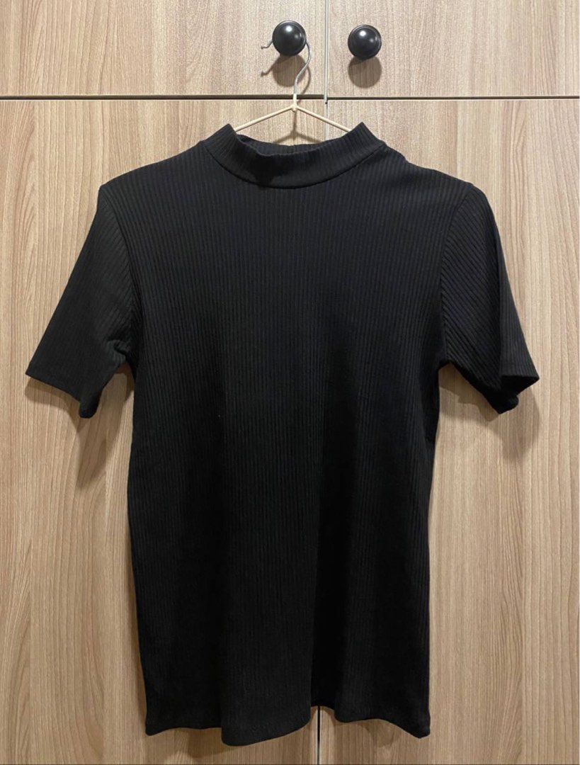 Plain Black Turtle Neck Ribbed Top, Women's Fashion, Tops, Shirts on ...