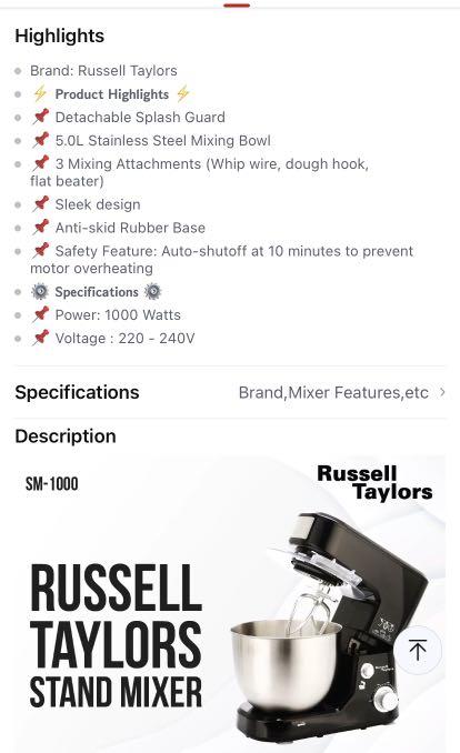 Russell Taylor Stand Mixer 5L, SM1000, TV & Home Appliances, Kitchen ...
