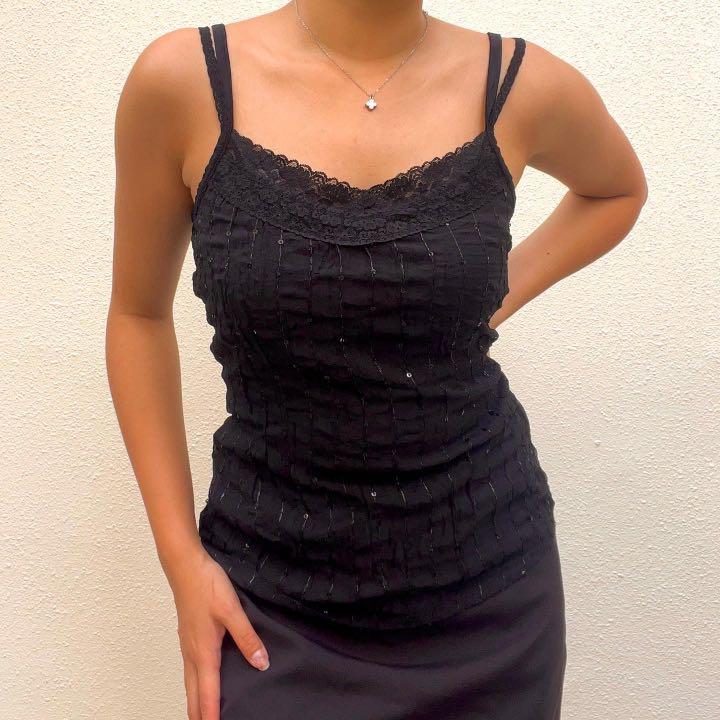 Vintage Early 2000s Black Chiffon Overlay with Sequin Lace Top, Women's ...