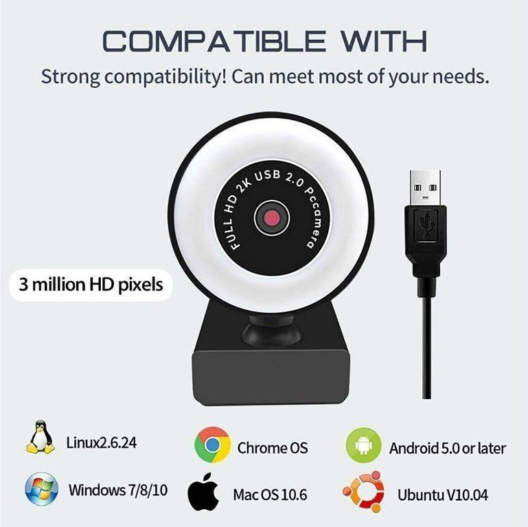 [524] 1080P Webcam with LED Ring Light Web Camera Auto Focus Adjustable ...
