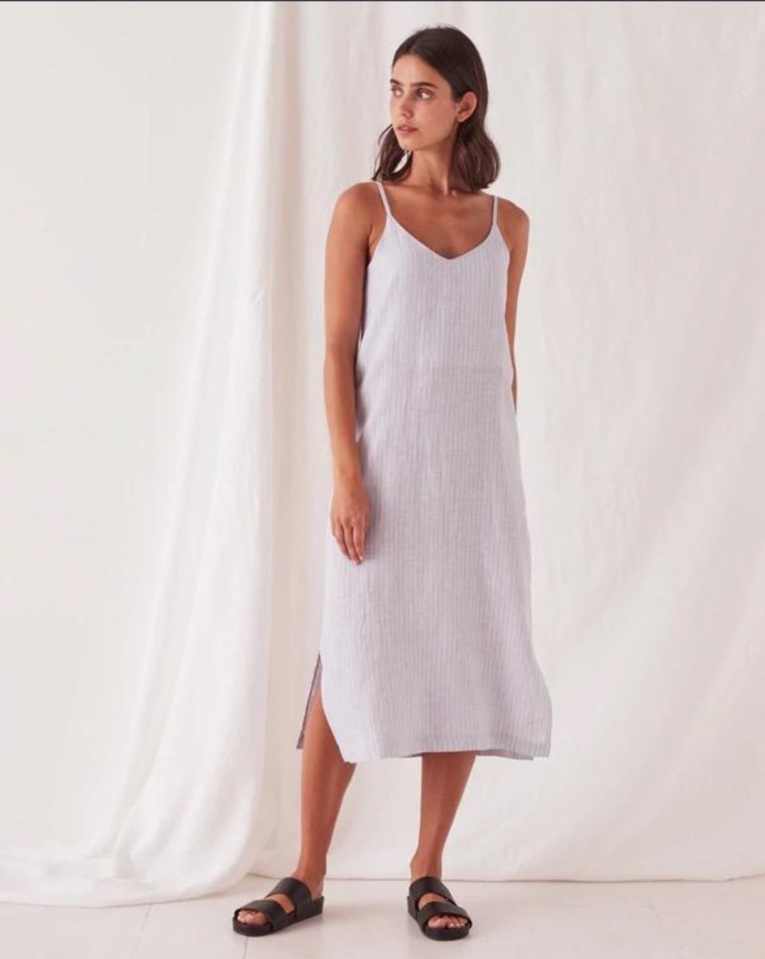 Assembly Label Linen Slip Dress in Blue and White Seamist Stripe AU8 ...