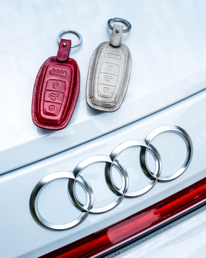 Custom made key fob covers for Audi in Grey Himalayan and Red Crocodile ...