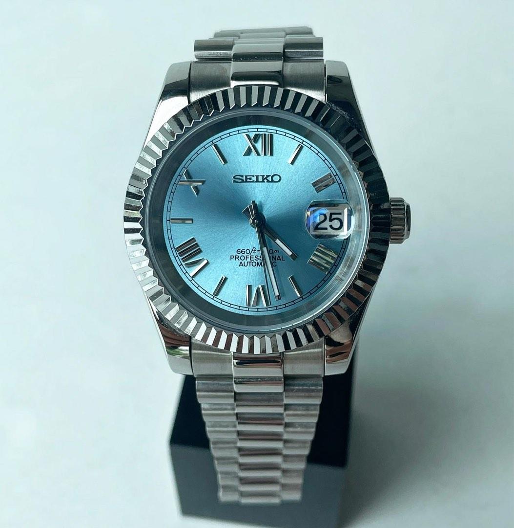 Custom Seiko Mod 39mm Ice Blue Fluted Roman DateJust President ...