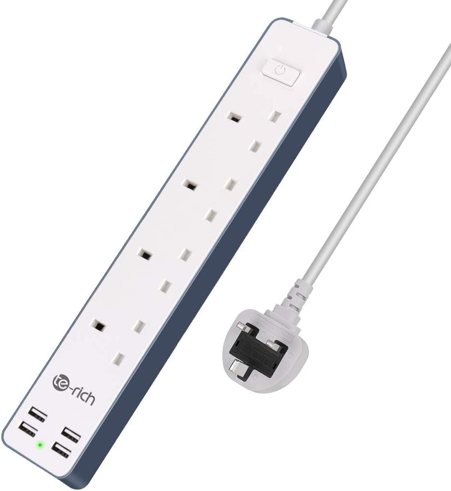 FR 4 Way Extension Lead, Te-Rich Multi Plug Power Strip with 4 USB ...