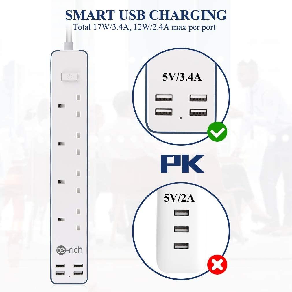 FR 4 Way Extension Lead, Te-Rich Multi Plug Power Strip with 4 USB ...