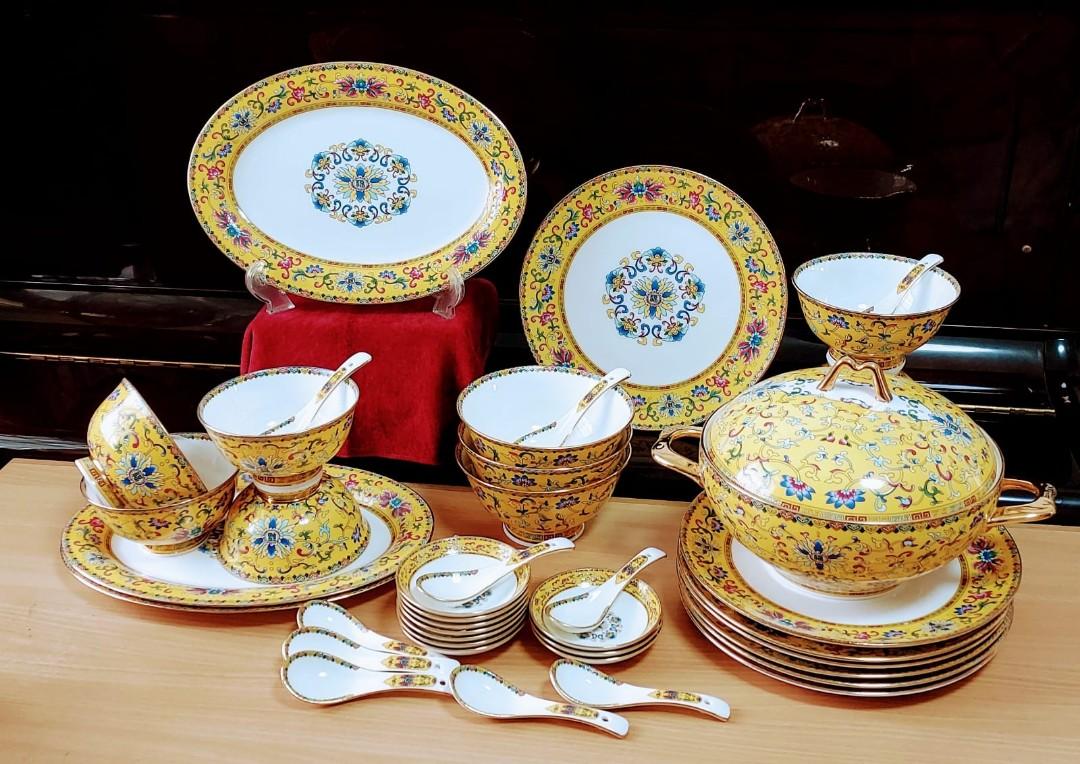 Golden Trim Bone China Enamel Dinner Set, Furniture & Home Living ...