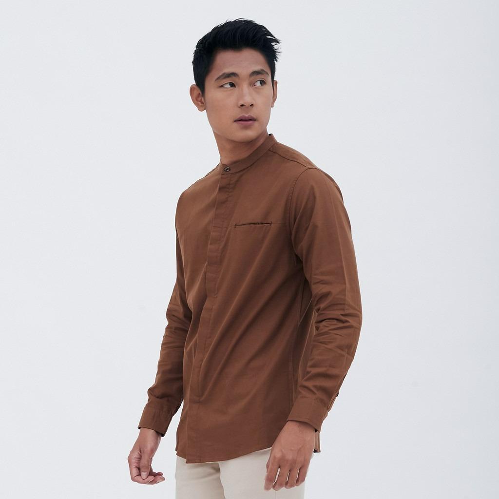 M231 Kemeja Pria Shanghai Polos Soft Twill Panjang Coklat 1971B, Fesyen Pria, Pakaian , Atasan ...