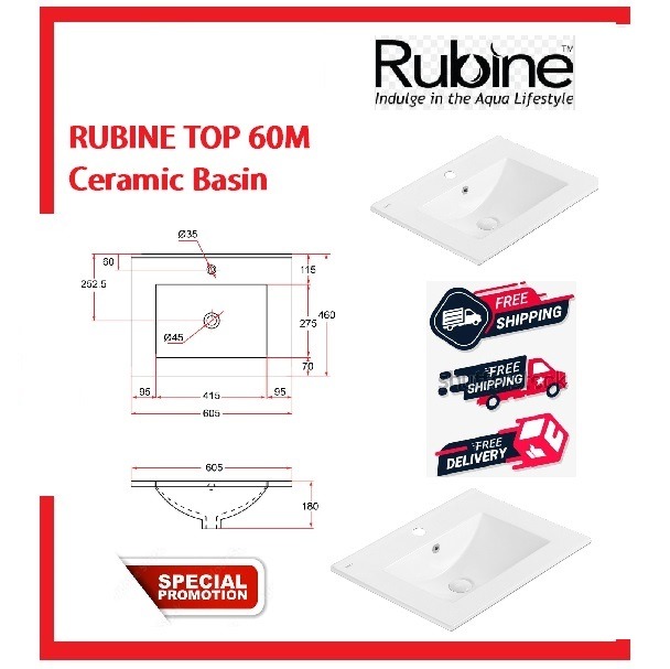 RUBINE TOP 60M Ceramic Basin / FREE EXPRESS DELIVERY, Furniture & Home ...