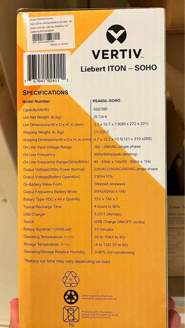 Vertiv Liebert ITON - PSA650-SOHO Uninterruptible Power Supply (UPS), Computers & Tech, Parts ...