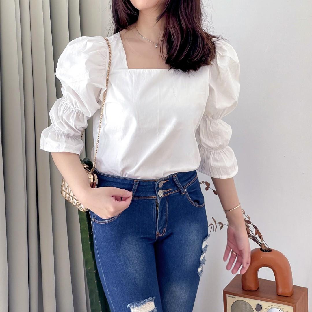 Puffy top blouse white putih blue, Fesyen Wanita, Pakaian Wanita ...