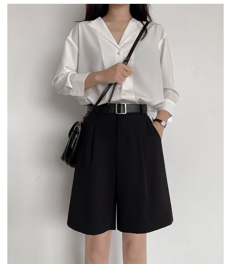 BN Korean Black Wide Leg Knee Length Suit Shorts, Women's Fashion ...