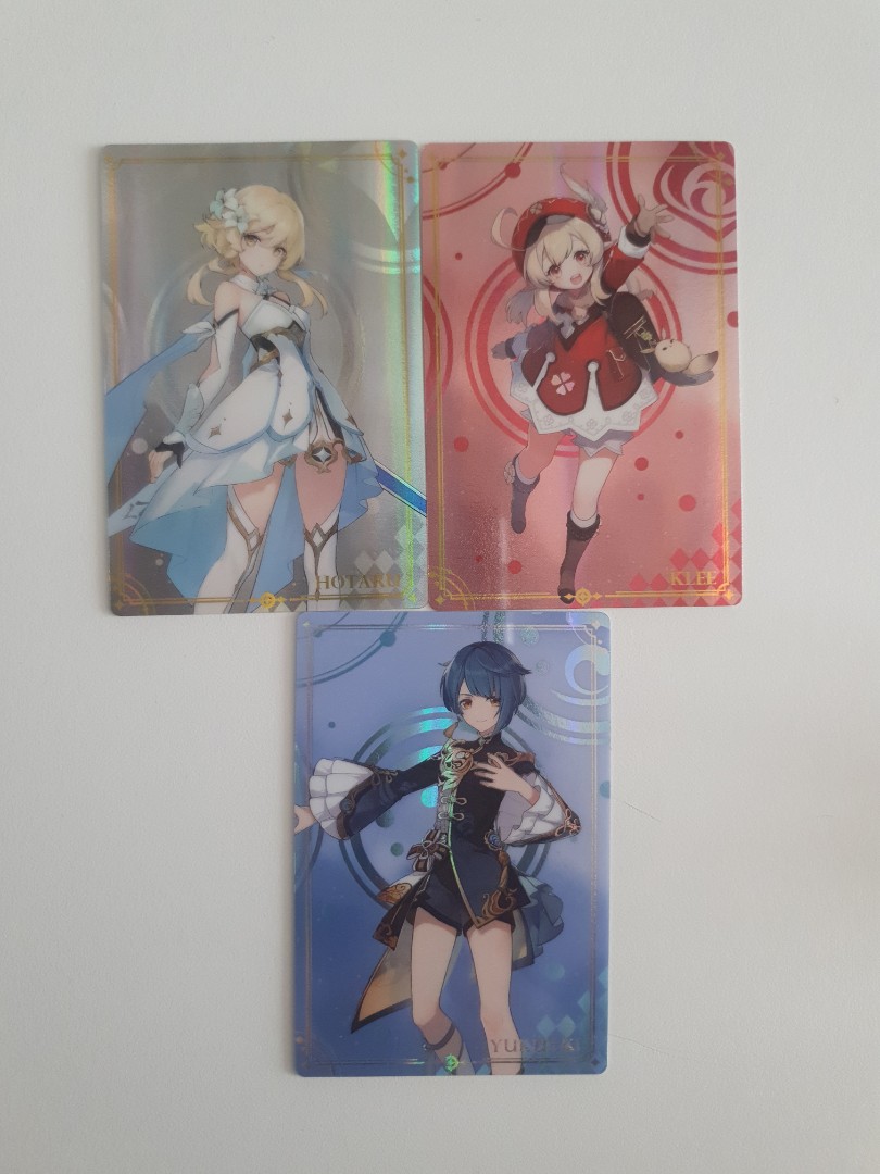 genshin impact wafer metal cards (xingqiu, klee, traveller/lumine ...