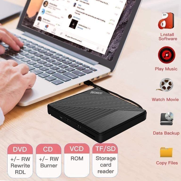 JBONEST External DVD CD Drive, USB 3.0 Type-C Portable CD/DVD ROM +/-RW ...