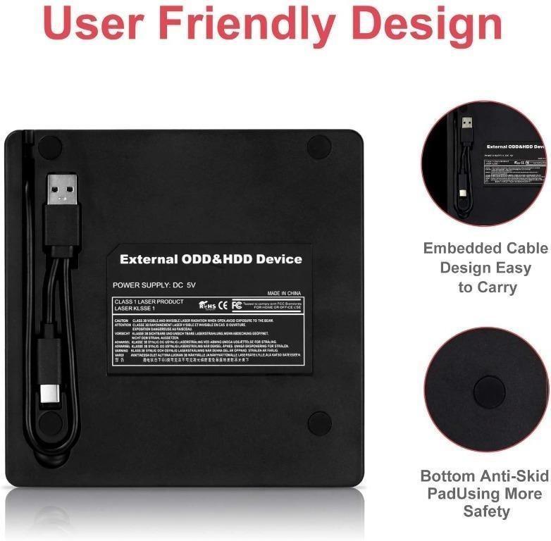 JBONEST External DVD CD Drive, USB 3.0 Type-C Portable CD/DVD ROM +/-RW ...
