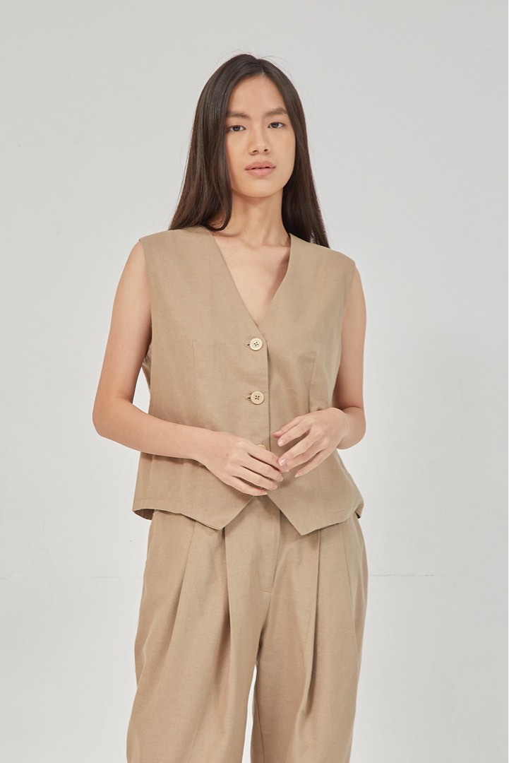 Linen Vest Trousers Pants Coordinate Set, Women's Fashion, Dresses ...