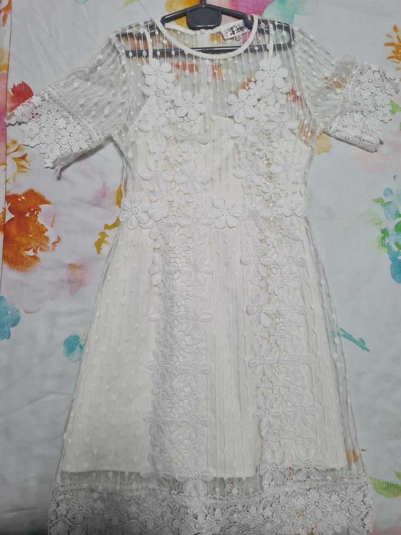 Mong x Lovet Adena Dotted Crochet Panel Dress in White, Women's Fashion ...