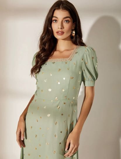 Shien Square Neck Puff Sleeve Gold Floral Dress, Women's Fashion ...