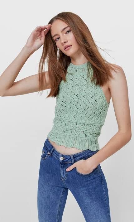 Stradivarius Sage Green Crochet Knit Halter Top, Women's Fashion, Tops, Sleeveless on Carousell