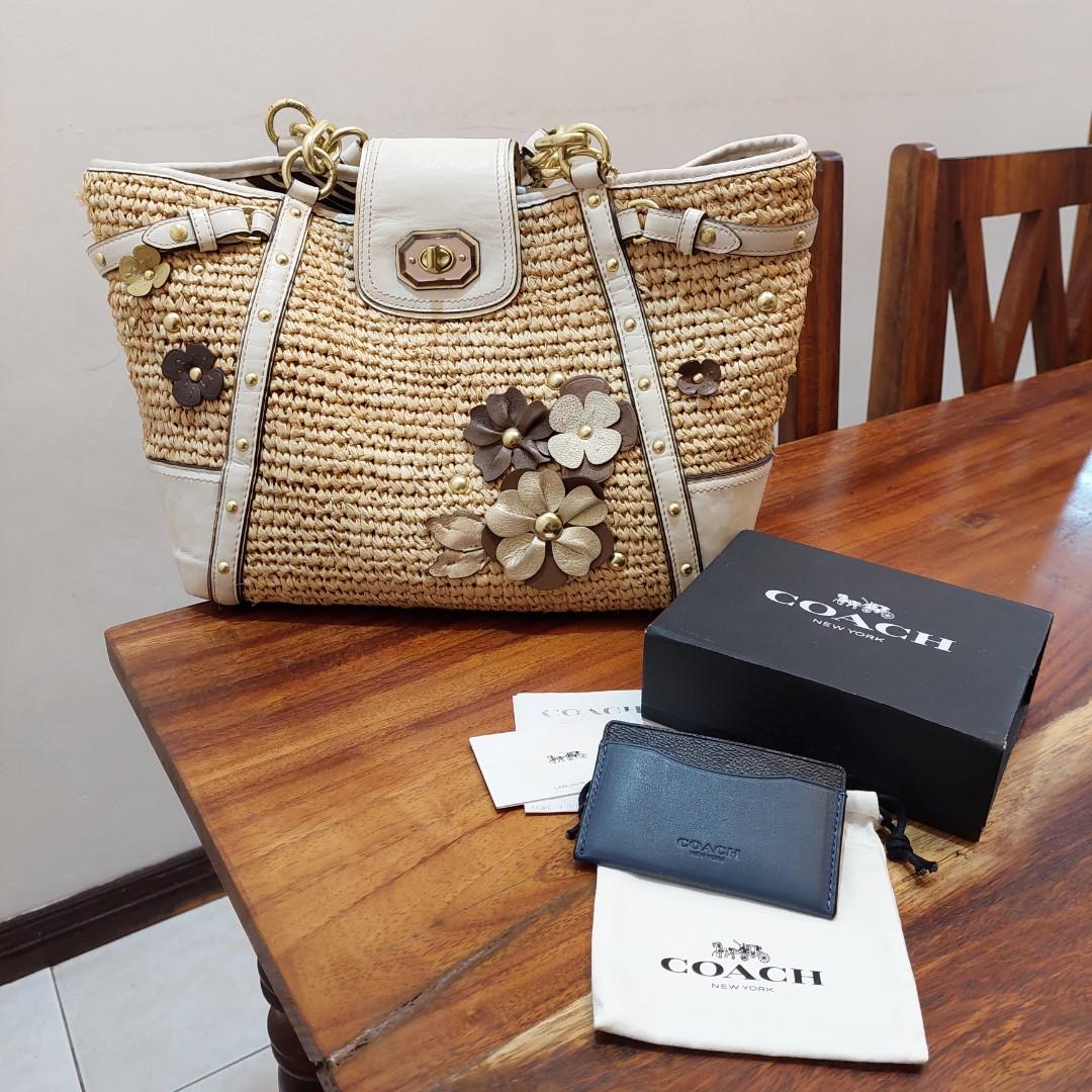 Authentic Coach straw bag and coach card holder, Women's Fashion, Bags ...
