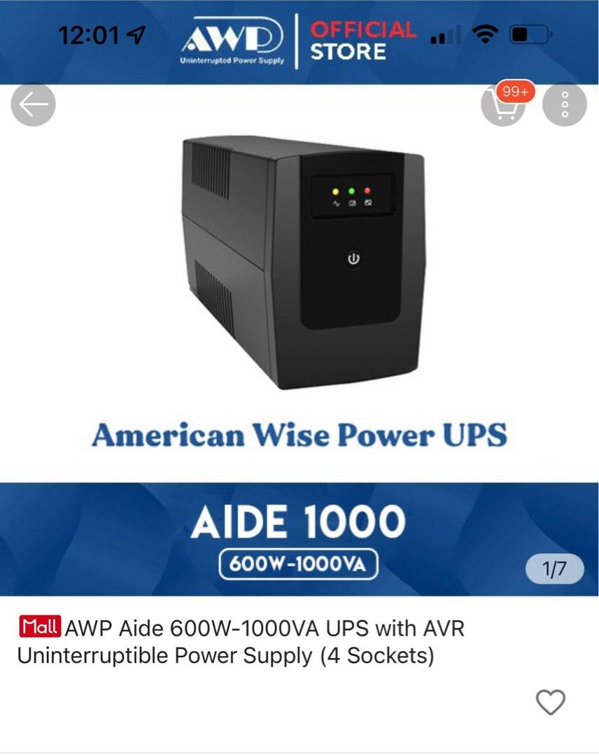AWP Aide 600W-1000VA UPS with AVR Uninterruptible Power Supply (4 ...
