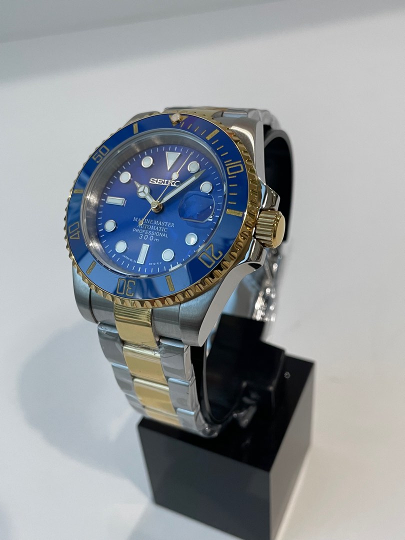 Custom Seiko Mod 2tone Blue Gold Submariner, Men's Fashion, Watches ...