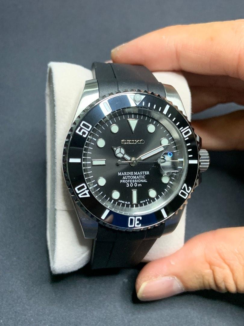 Custom Seiko Mod 40mm Black Submariner on Rubber Strap , Men's Fashion ...